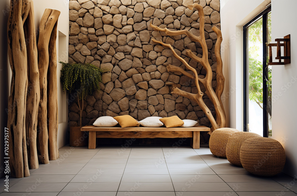 Wild stone cladding wall and wooden bench. Decorative tree trunks ...
