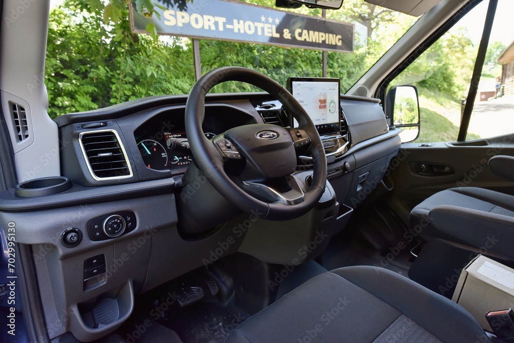 Ford E-Transit. Fully electric van. Cabin interior - dashboard. 05-31 ...