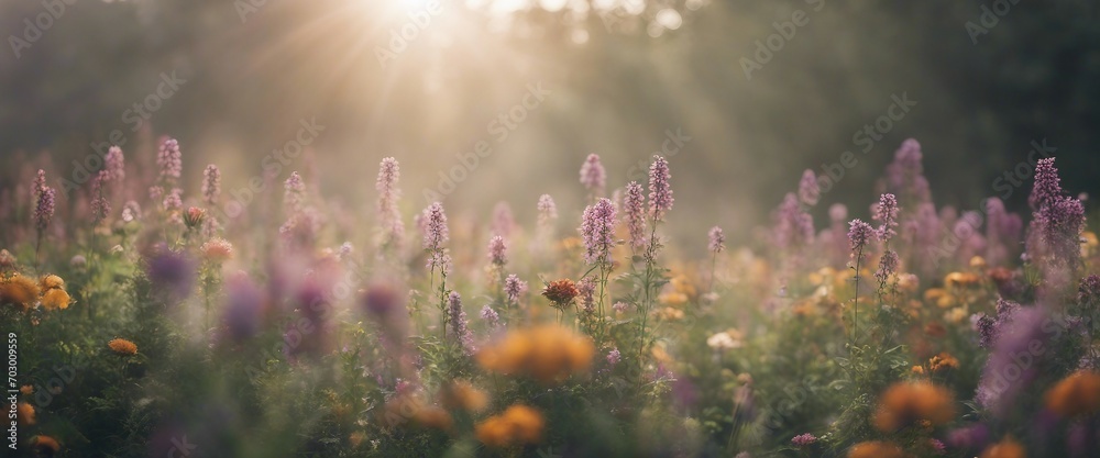 Mystic Garden Mist A panoramic scene of a variety of flowers shrouded ...