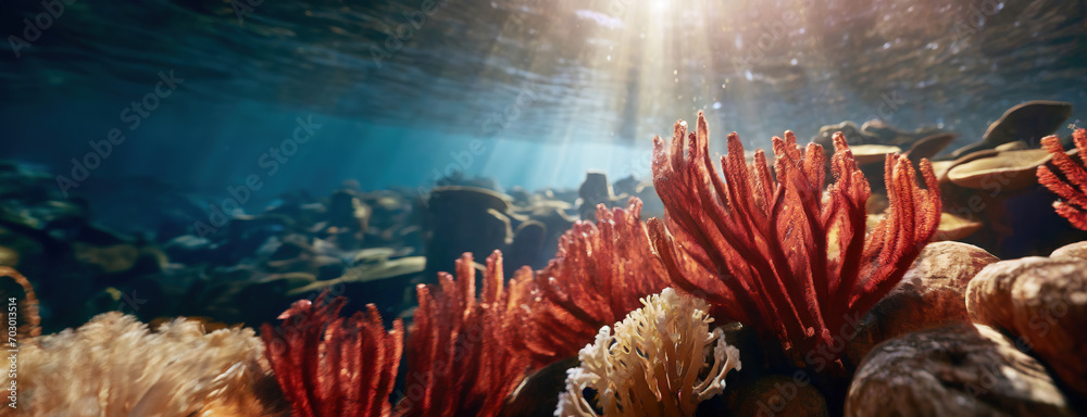 Sunlight filters through water to a vibrant coral reef, creating a ...