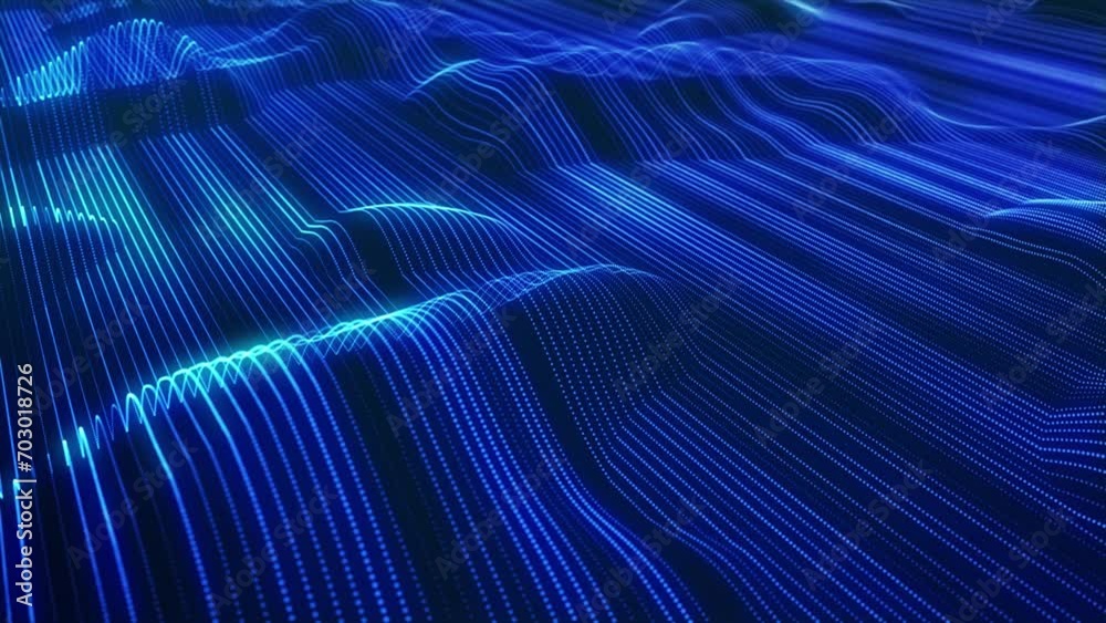 Blue strings. Stunning surface composed of neon glow particles that ...