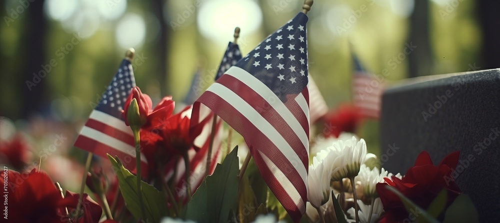 American flag at memorial day celebration in the usa with people paying ...
