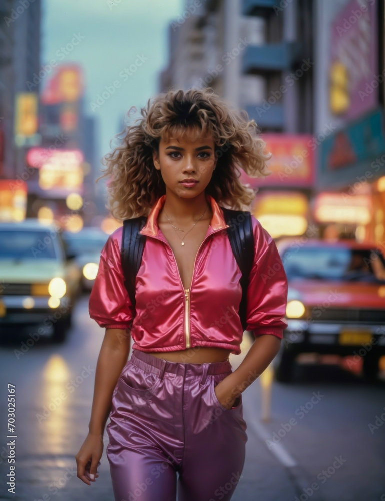 Foto retro de una chica vestida con ropa deportiva de los años ochenta ...