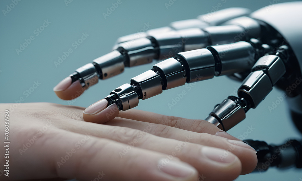 he human finger delicately touches the finger of a robot's metallic ...