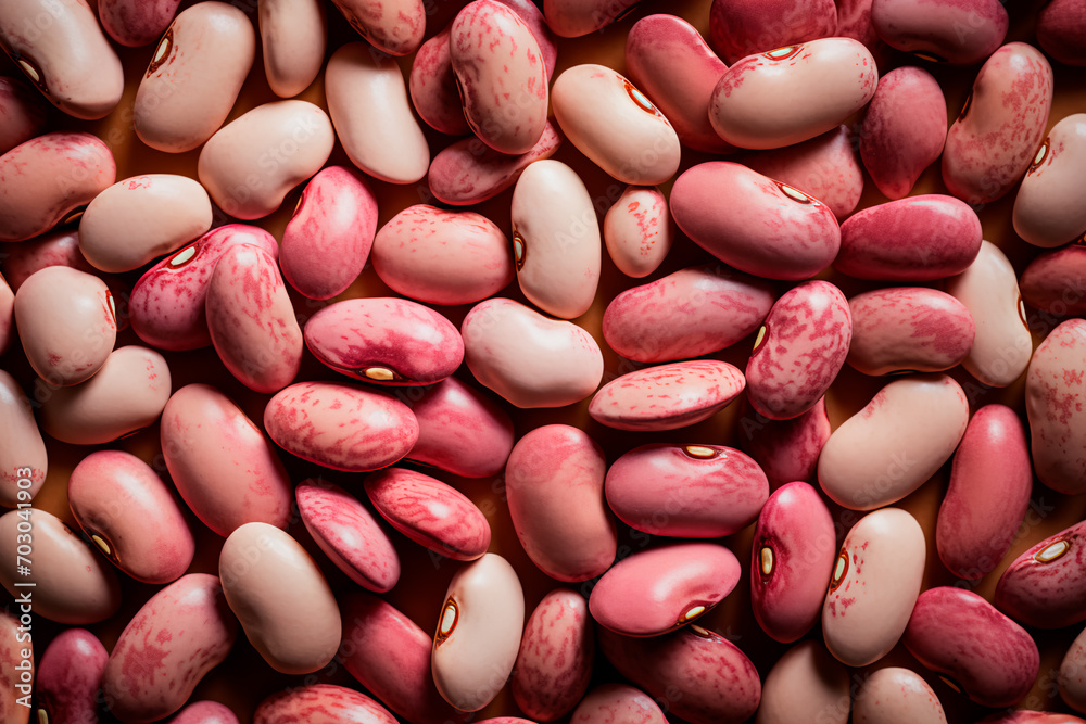 From a top-down perspective, sunlit beige-pink beans with burgundy ...