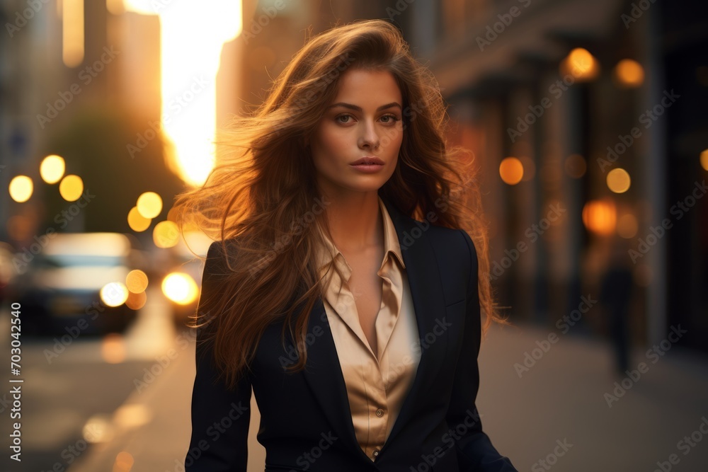 A sophisticated woman in a navy blazer, confidently striding down a bustling city street, her ...