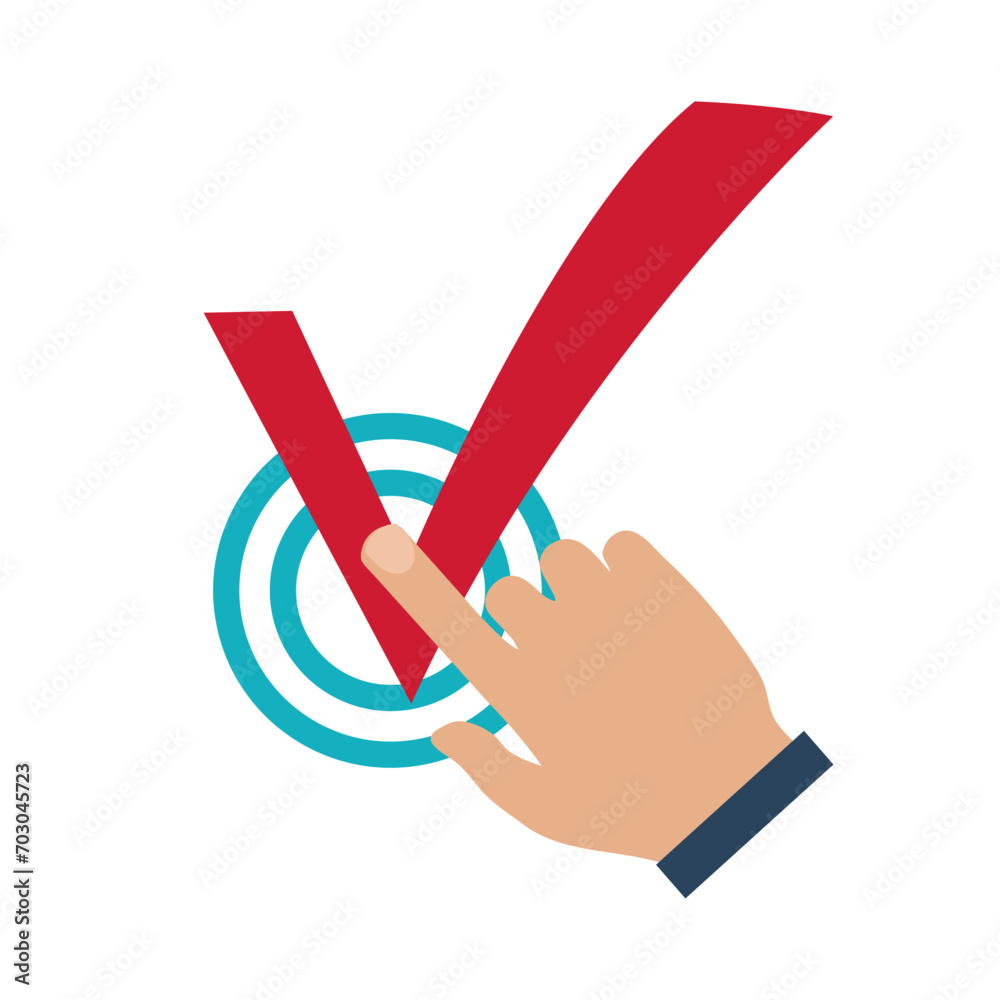 Vector people hand with check mark icon in comic style accept cartoon ...