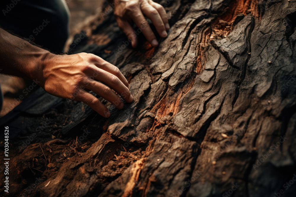 A person's hand tracing the outline of a tree bark, connecting with the ...