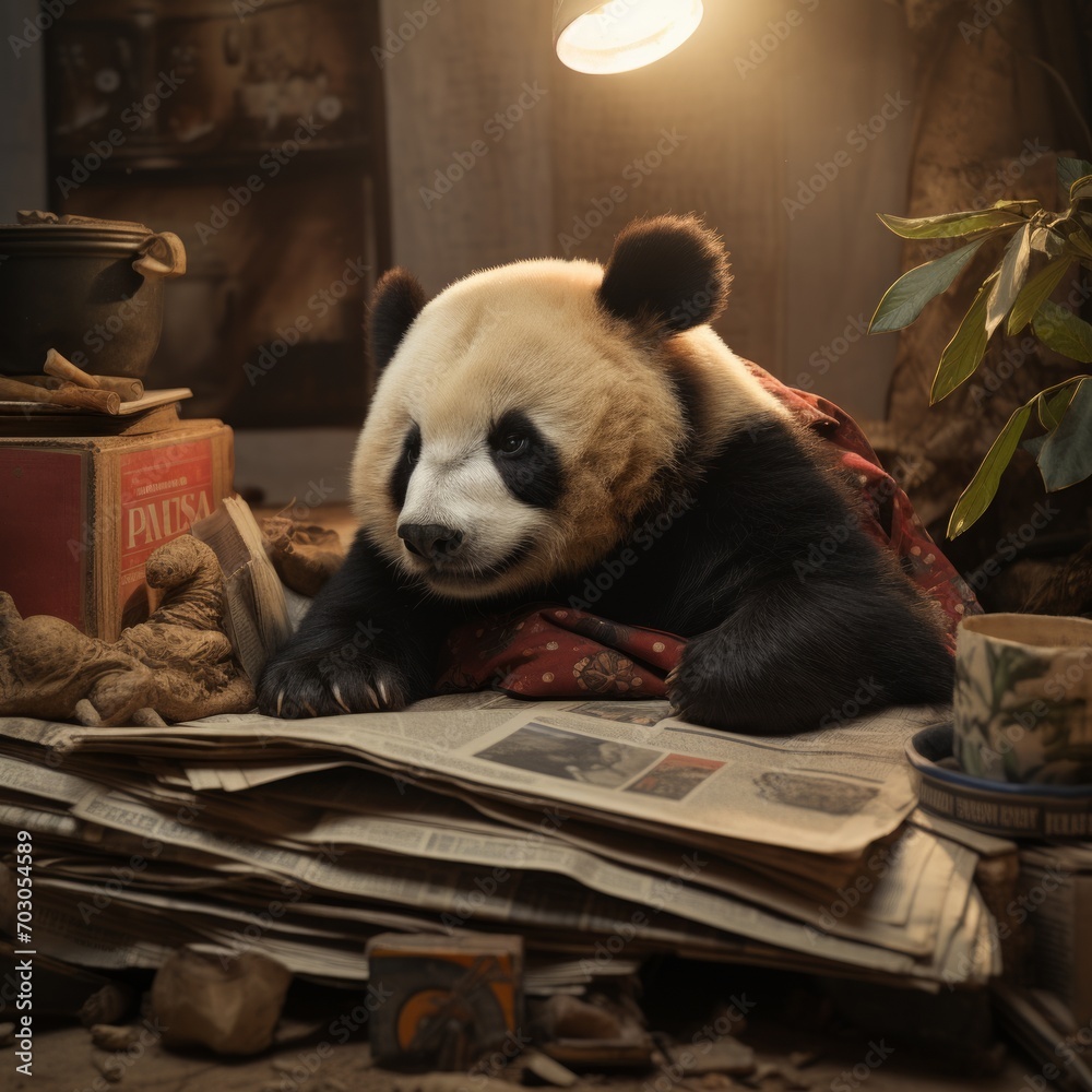 Generative AI image of sleeping panda in Pixar style and a newspaper ...