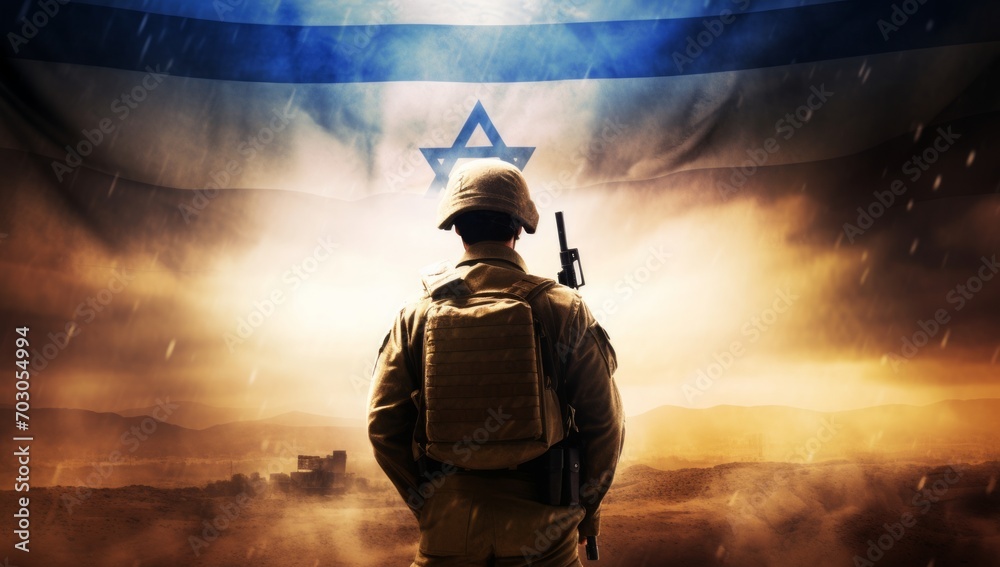 Generative AI image of an Israeli soldier on an Israeli flag background ...