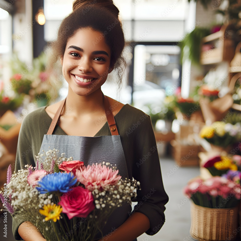 Smiling Lovely Young Adult Female Florist Owner in Apron Looking at ...