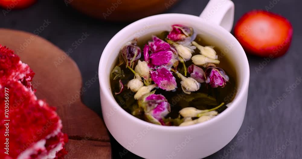 green tea with rose and jasmine flowers, cooked hot tea with the ...
