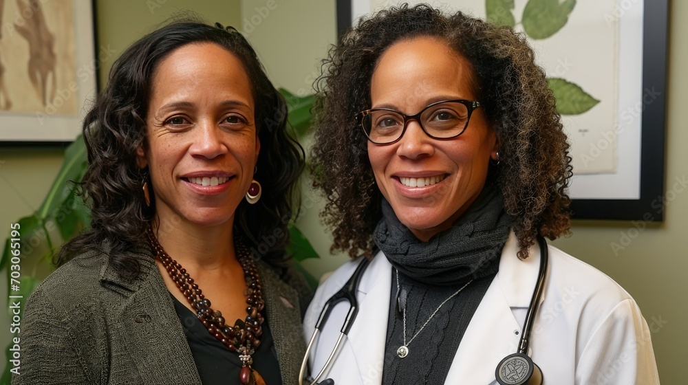 two black female doctor standing and talking to each other, against a ...