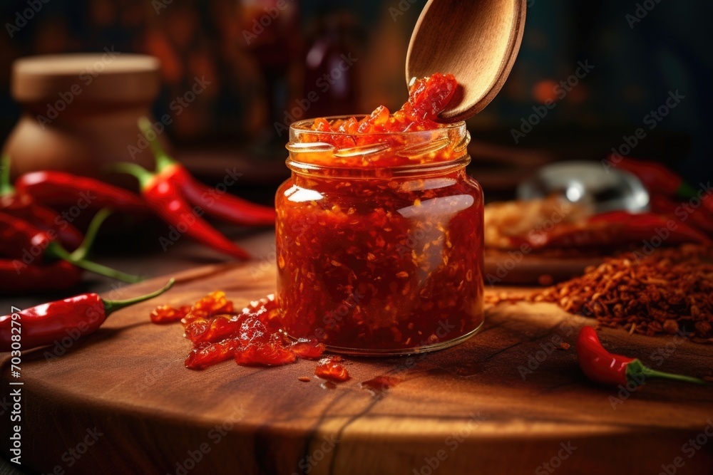 An artistic image of a small wooden s scooping up a chunky fermented ...