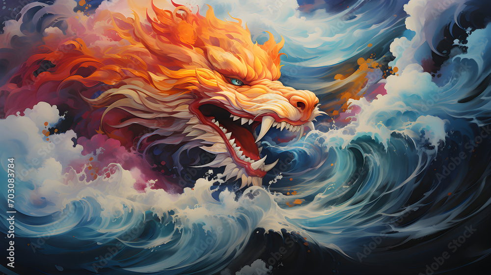 A colorful Chinese brush painting of a highly detailed colorful Chinese ...