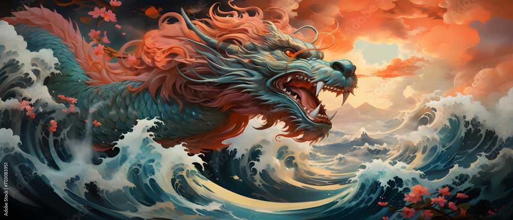 A colorful Chinese brush painting of a highly detailed colorful Chinese ...