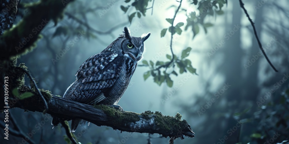 Ancient Owl perched on a Gnarled Tree Branch in a Misty Moonlit Forest Background - Its Eyes ...