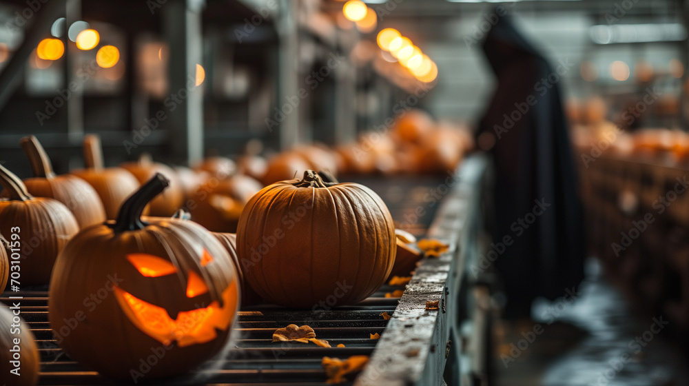 Devil in black cloak work with Pumpkins with halloween scary face on ...