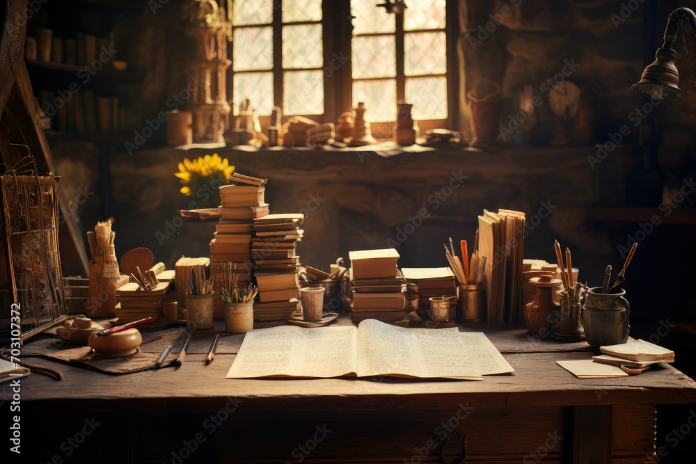 Wooden table with old books and tools in a dark room, messy reading ...