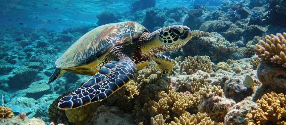 Large Green turtle in Red Sea coral reefs. Biggest sea turtle, adult is ...