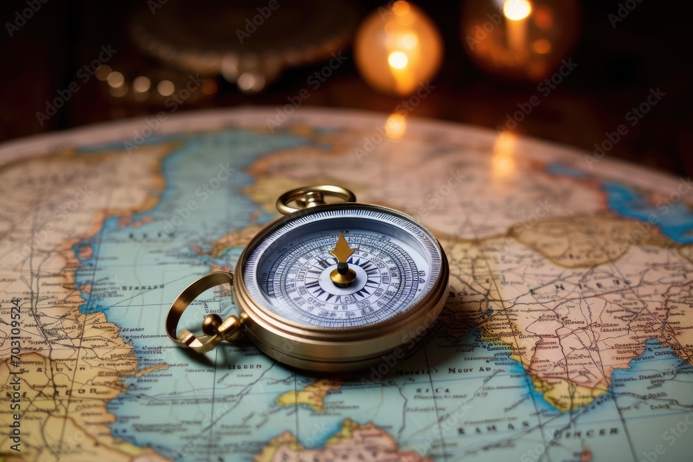 Compass on the background of the world map. Selective focus, Magnetic ...
