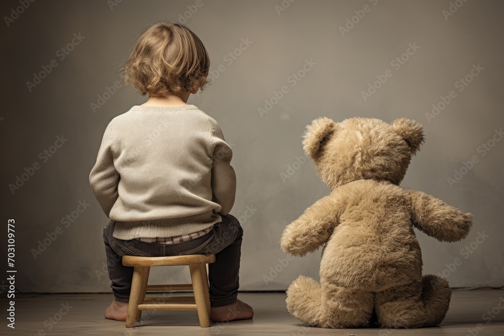 Little girl sitting on the floor with teddy bear and looking at it ...