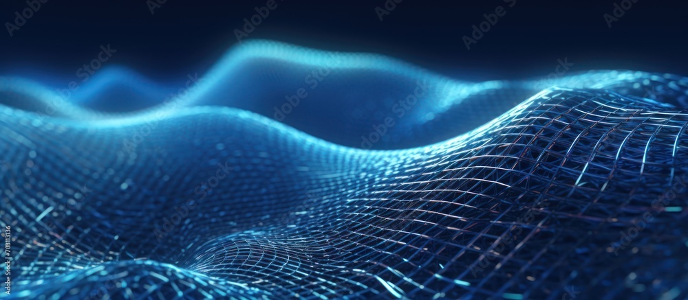 3d Abstract blue wire mesh forms a glowing landscape blue gradient ...