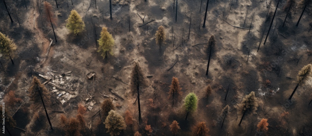 Drone photo of overhead view of burned forest with burnt fir and pine ...