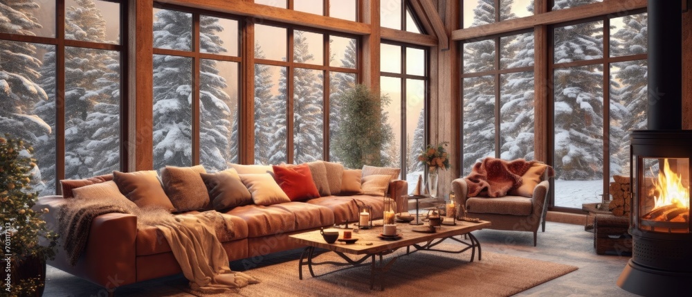 cozy warm home interior of a chic country chalet with a huge panoramic ...