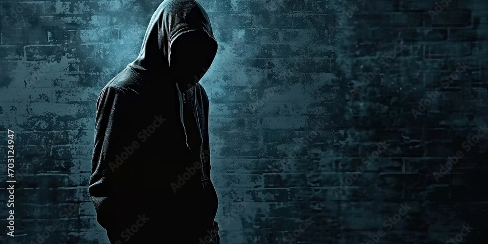 Shrouded in darkness. Unrecognizable criminal figure in hooded ...