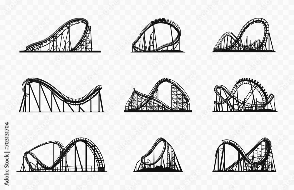 Roller coaster Silhouette Vector art Set, Rollercoaster loop ...