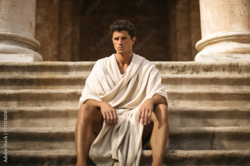 Man wearing a toga sitting on stairs on an ancient Roman temple Stock ...