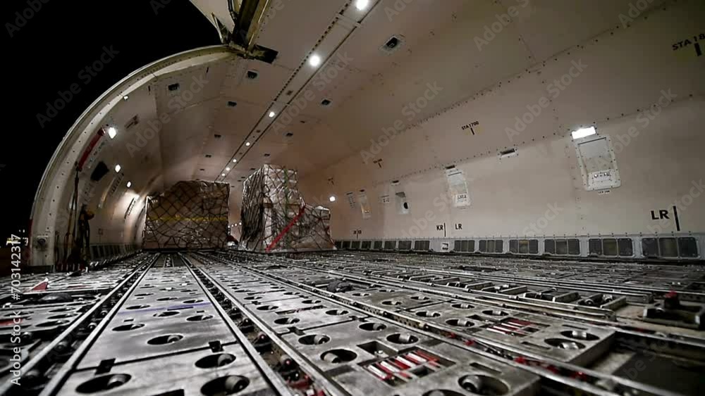 Inside the cargo bay of the aircraft. view of the baggage compartment ...