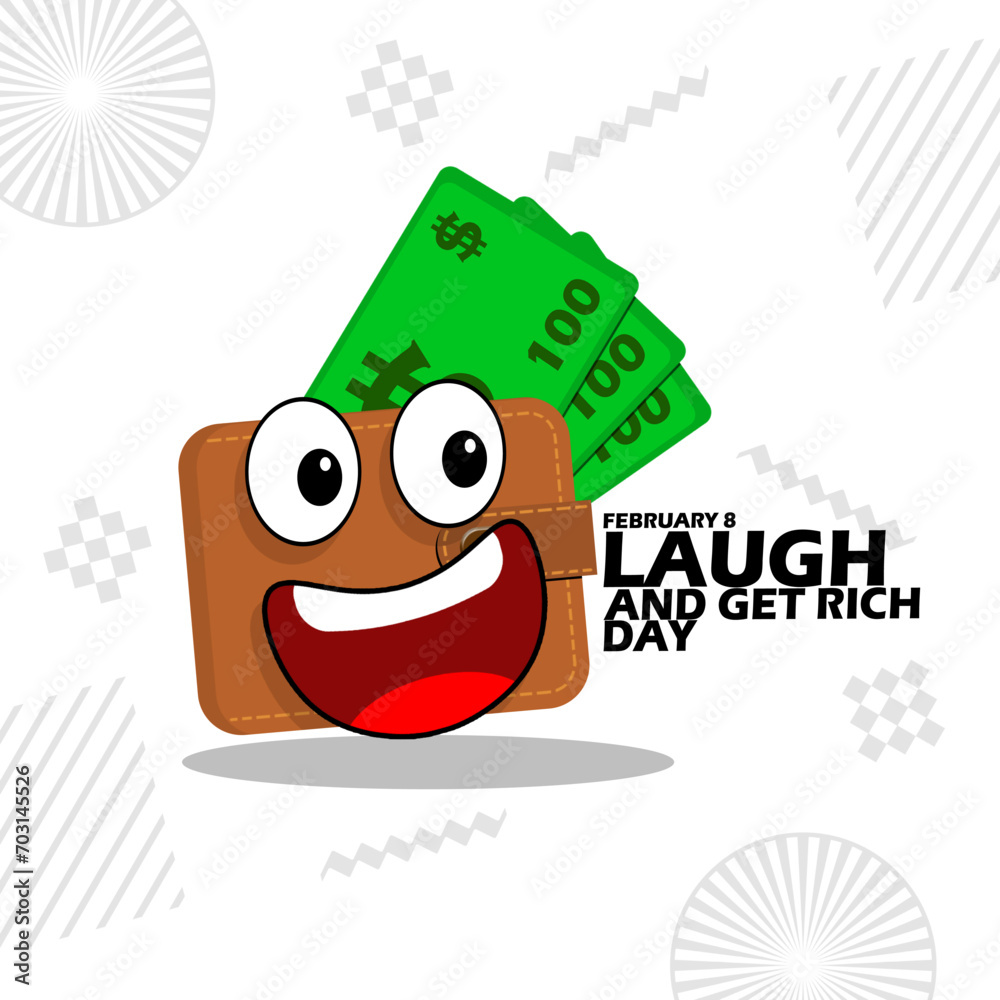 Laugh and Get Rich Day event banner. A laughing wallet with some ...