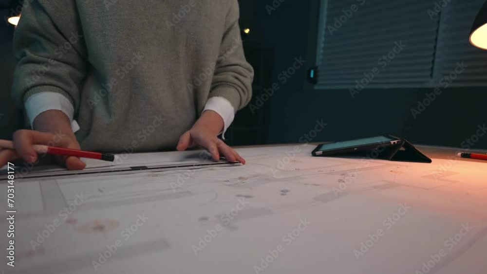 male architect with ruler measuring blueprint of Architectural building ...