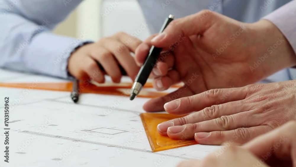 Architects designing a building with a ruler, pencil and other ...