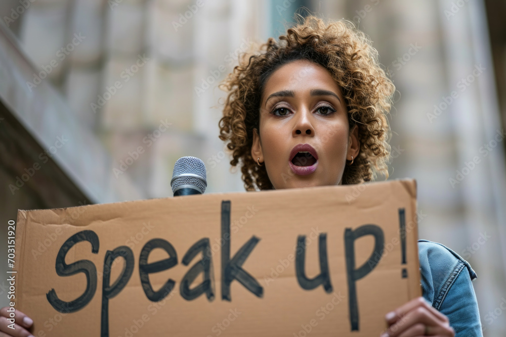 Speak up concept image with a black afro american woman holding a sign ...
