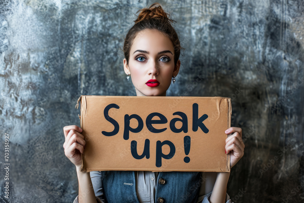 Speak up concept image with a woman holding a sign board with written ...