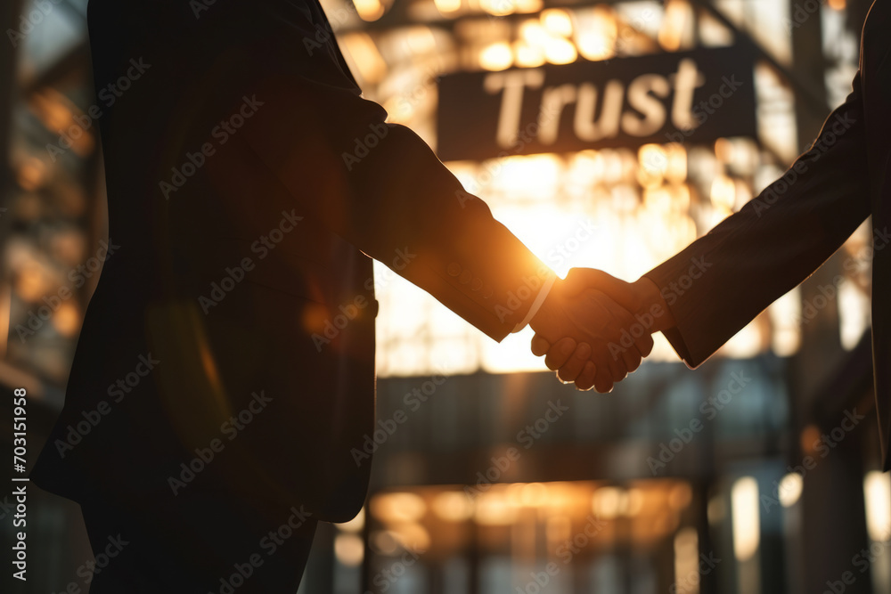 Trust concept image with two businessman handshake and trust word sign ...