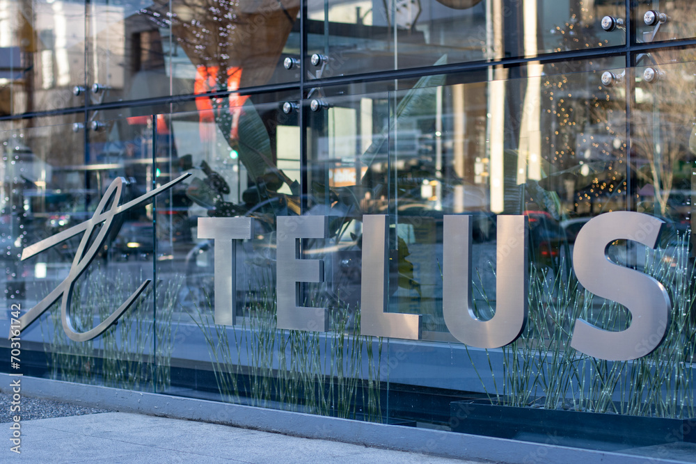 Vancouver, BC, Canada - Dec 22, 2023: Telus sign is seen at the Telus ...