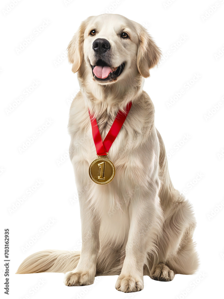 White dog awarded a gold medal for winning the competition. Dog with a ...