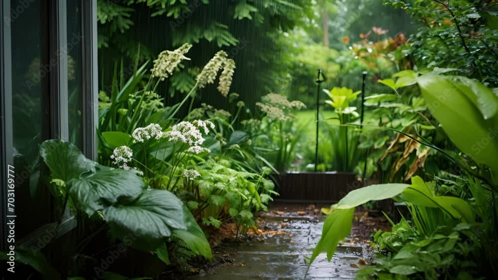 Despite the heavy rain, the waterlogged plants in the garden stand tall ...