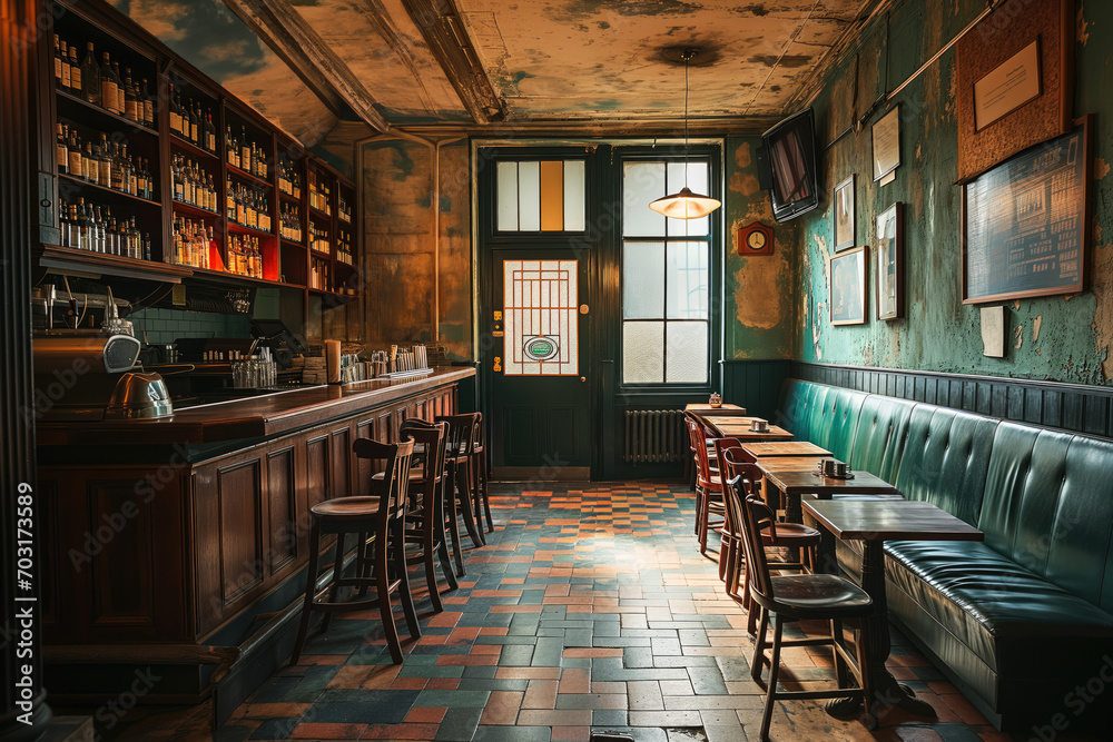 Vintage pub interior with distressed green walls, wooden bar, and ...