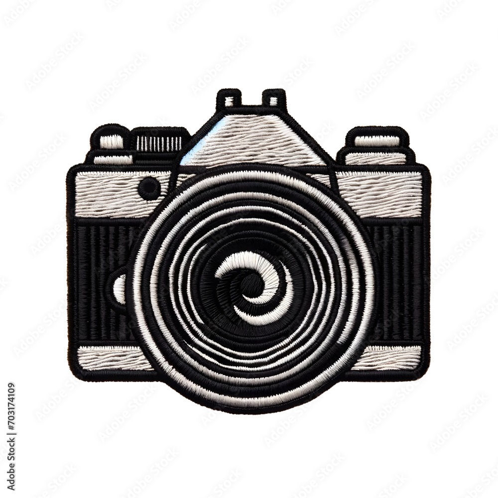 Embroidered patch badge with a retro camera on a transparent isolated ...
