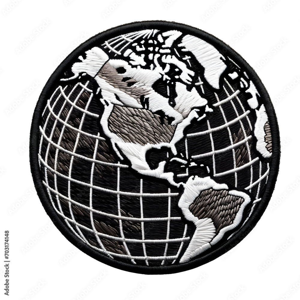 Embroidered patch badge with a detailed globe with continents on a ...