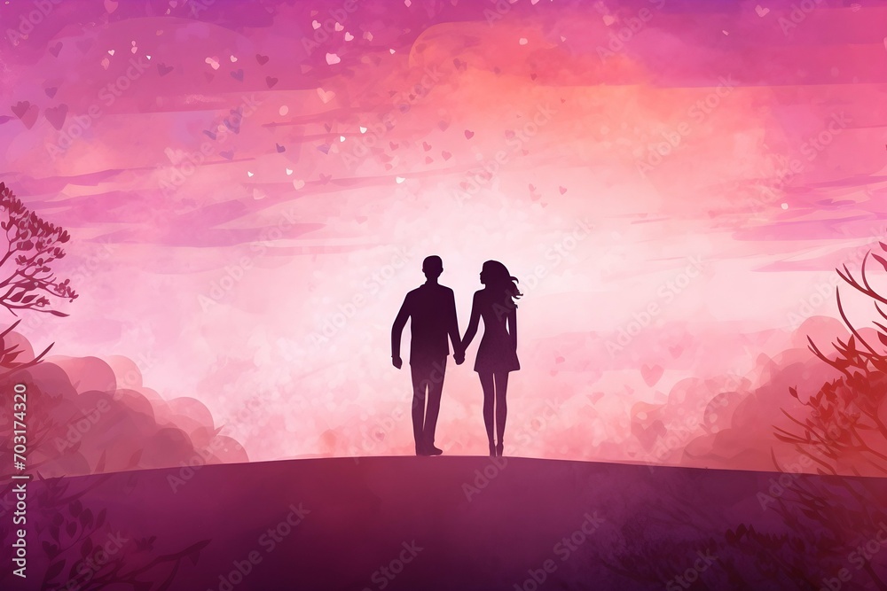 Watercolor silhouette of a romantic couple holding hands on pink ...