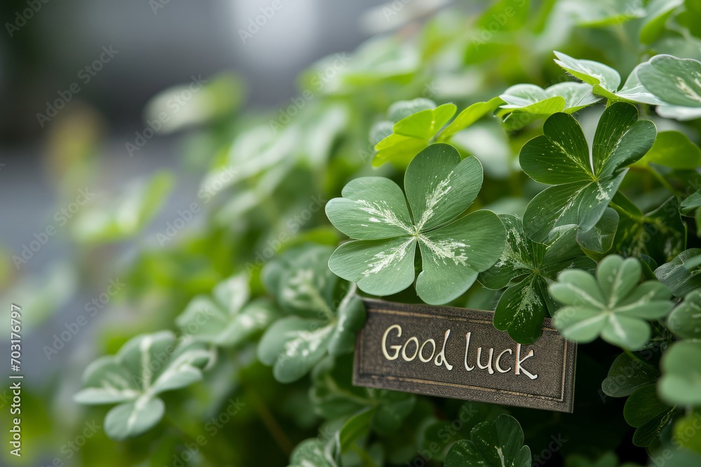 Good luck concept image with four leaves clover and good luck words ...