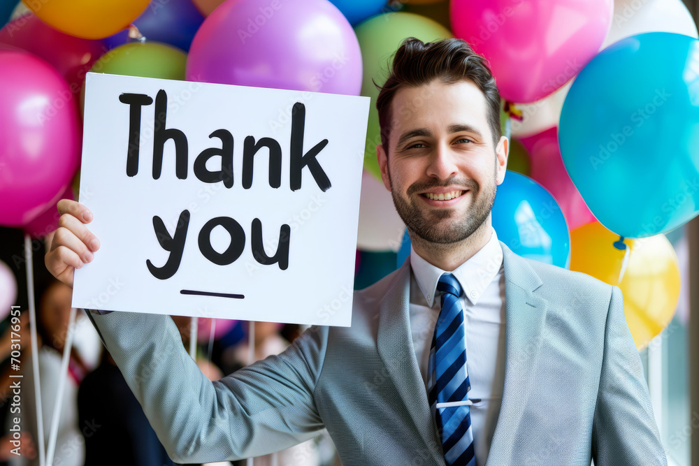 Thank you concept image with a business man manager holding a sign with ...