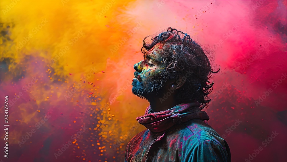 Smile through the colors! A man grins amidst vibrant powder. Photo ...