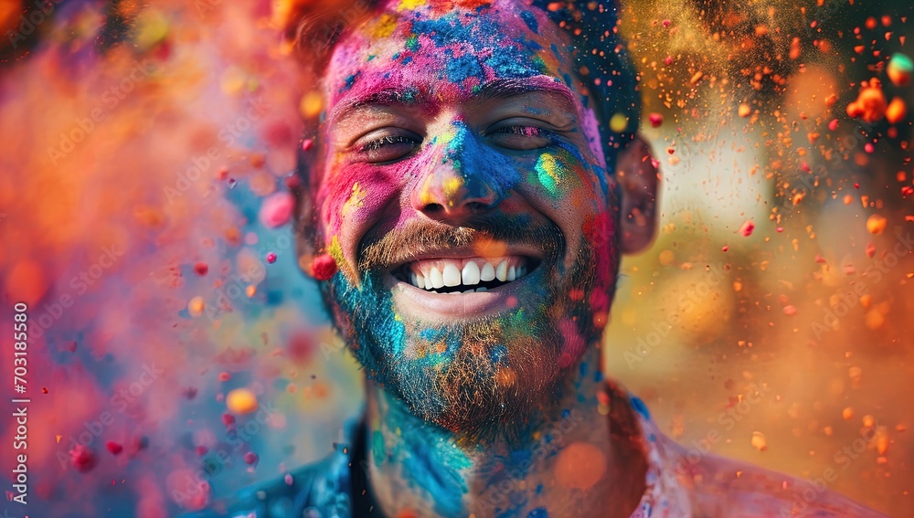 Smile through the colors! A man grins amidst vibrant powder. Photo ...